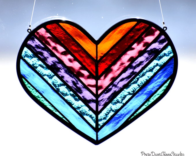 Stained Glass Rainbow Heart Suncatcher, Arrow Design, Glass Art Window ...