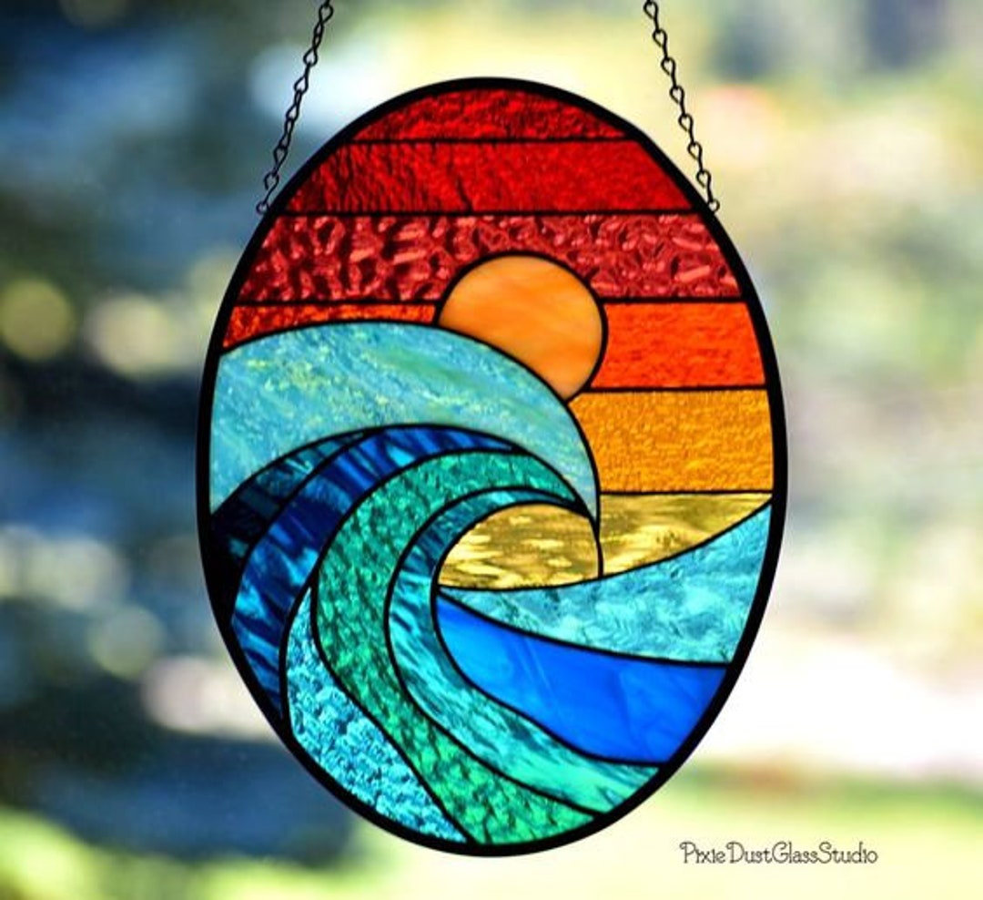Stained Glass Ocean Wave at Sunset, Coastal Decor, Window Hanging, Surf ...