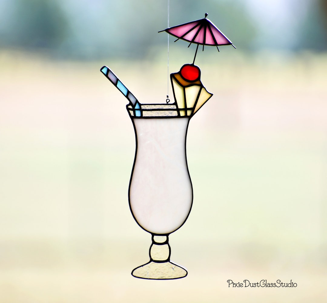 Stained Glass Pina Colada Suncatcher, Tropical Cocktail Window Hanging ...