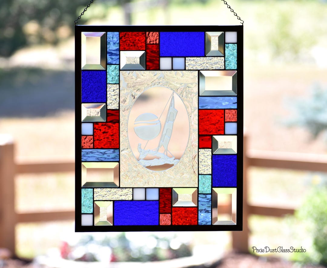 Stained Glass Catamaran Window, Sailboat Panel, Nautical Window Hanging ...