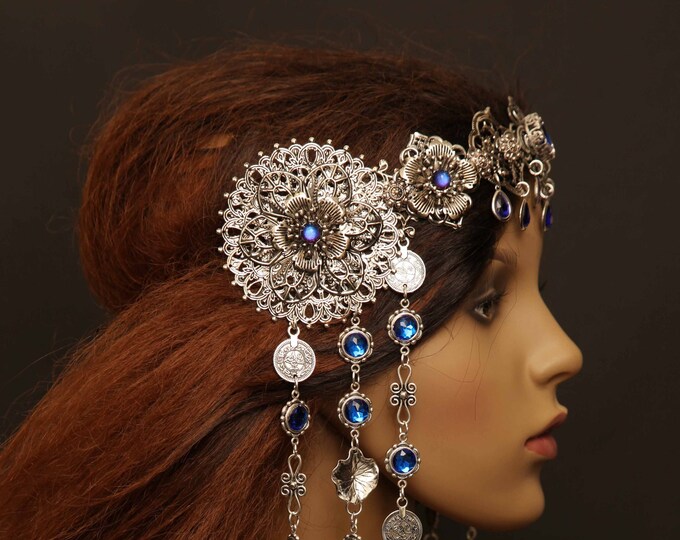 Medieval Blue Elven Mermaid Siren Wedding Tiara Celtic Knot Coins Art ...