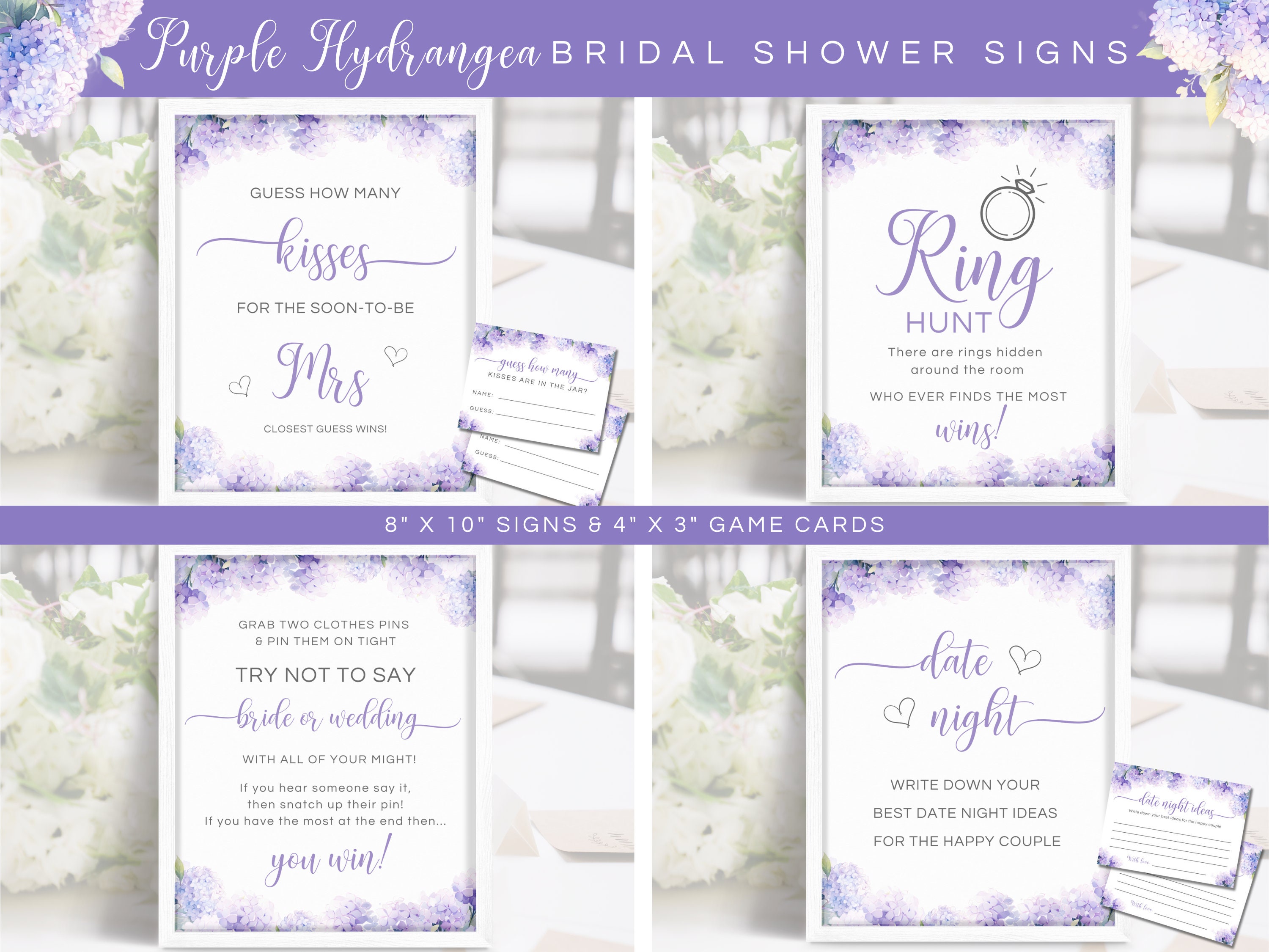 Purple Hydrangea Bridal Shower Game Bundle, Editable Lilac Floral Games ...