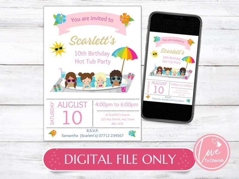 Hot Tub Girls Birthday Party Invitation, Girls Pool Party Evite ...