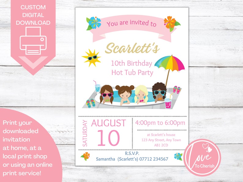 Hot Tub Girls Birthday Party Invitation, Girls Pool Party Evite ...