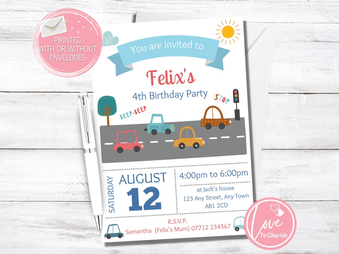 Vehicle Party Invitation, Personalised Traffic Cars Party Invite ...