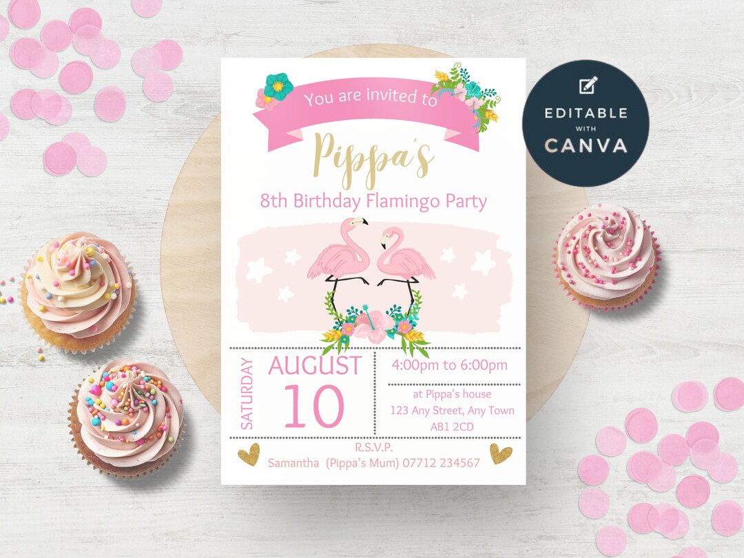 Pink Flamingo Birthday Invitations, Tropical Birthday Editable Invites ...