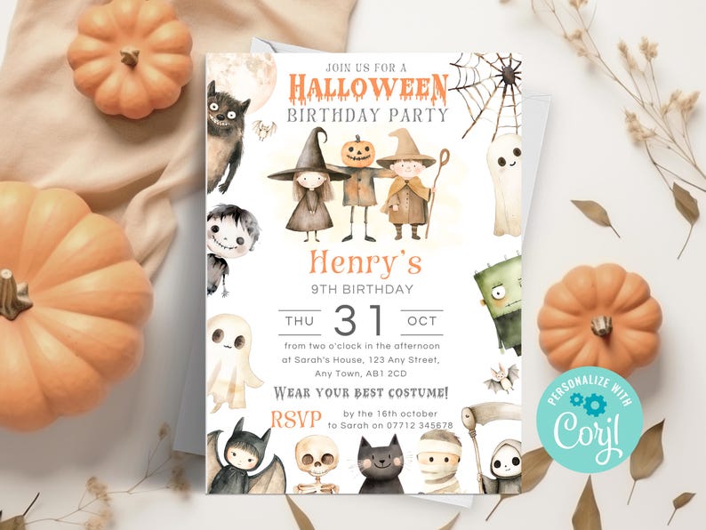 Editable Halloween 9th Birthday Party Invitation, Cute Halloween ...
