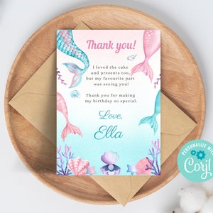Mermaid Tails Birthday Thank You Note, Editable Under the Sea Mermaid ...