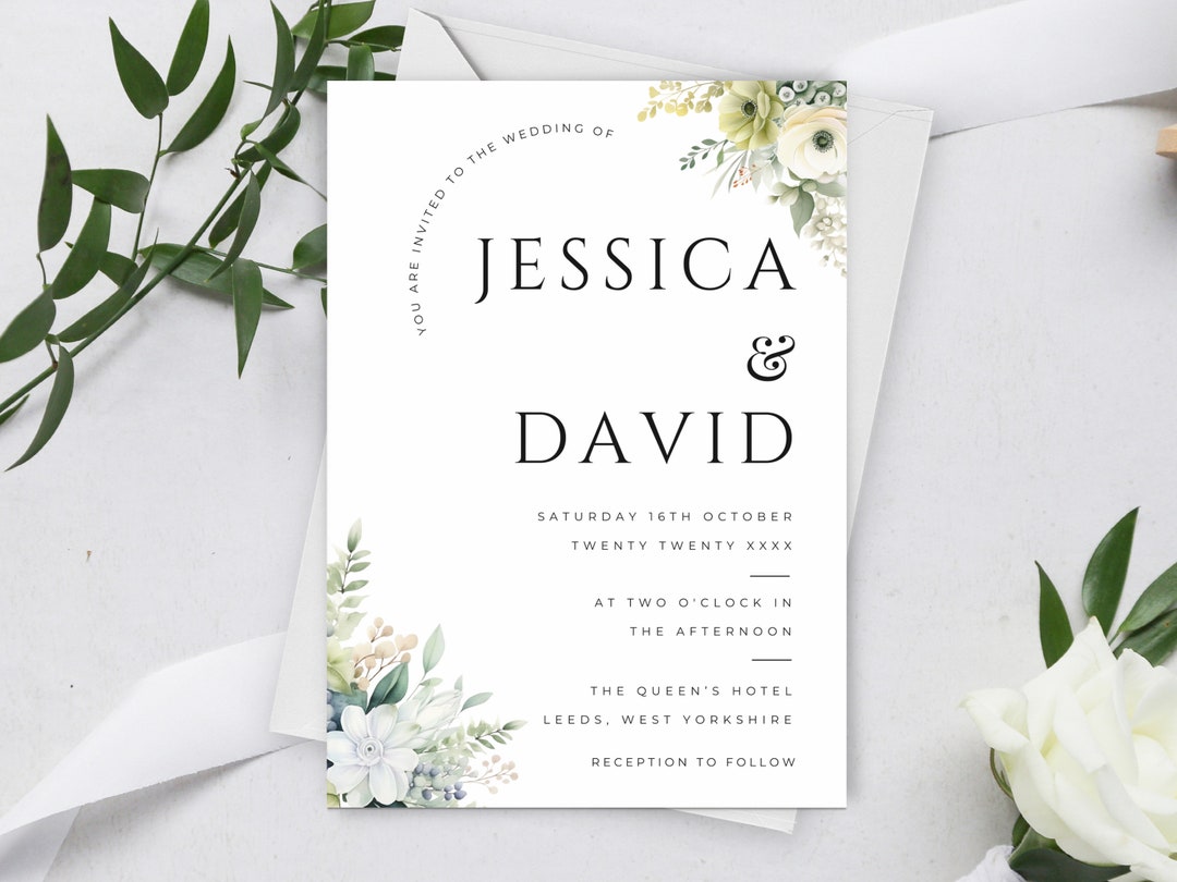 White Wedding Invitation Template, Printable White Floral Wedding ...