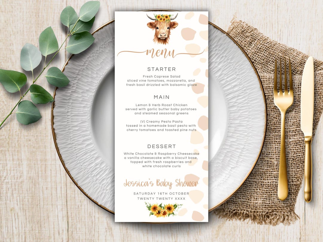 Holy Cow Menu Template, Printable Yellow Highland Cow Dinner Menu for ...