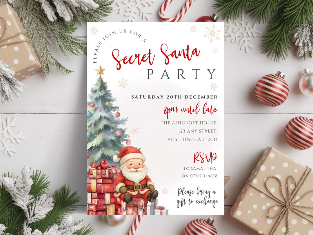 Secret Santa Christmas Party Invitation, Editable Holiday Gift Exchange ...