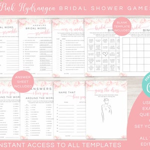 Pink Hydrangea Bridal Shower Game Bundle, Editable Dusty Floral Games ...