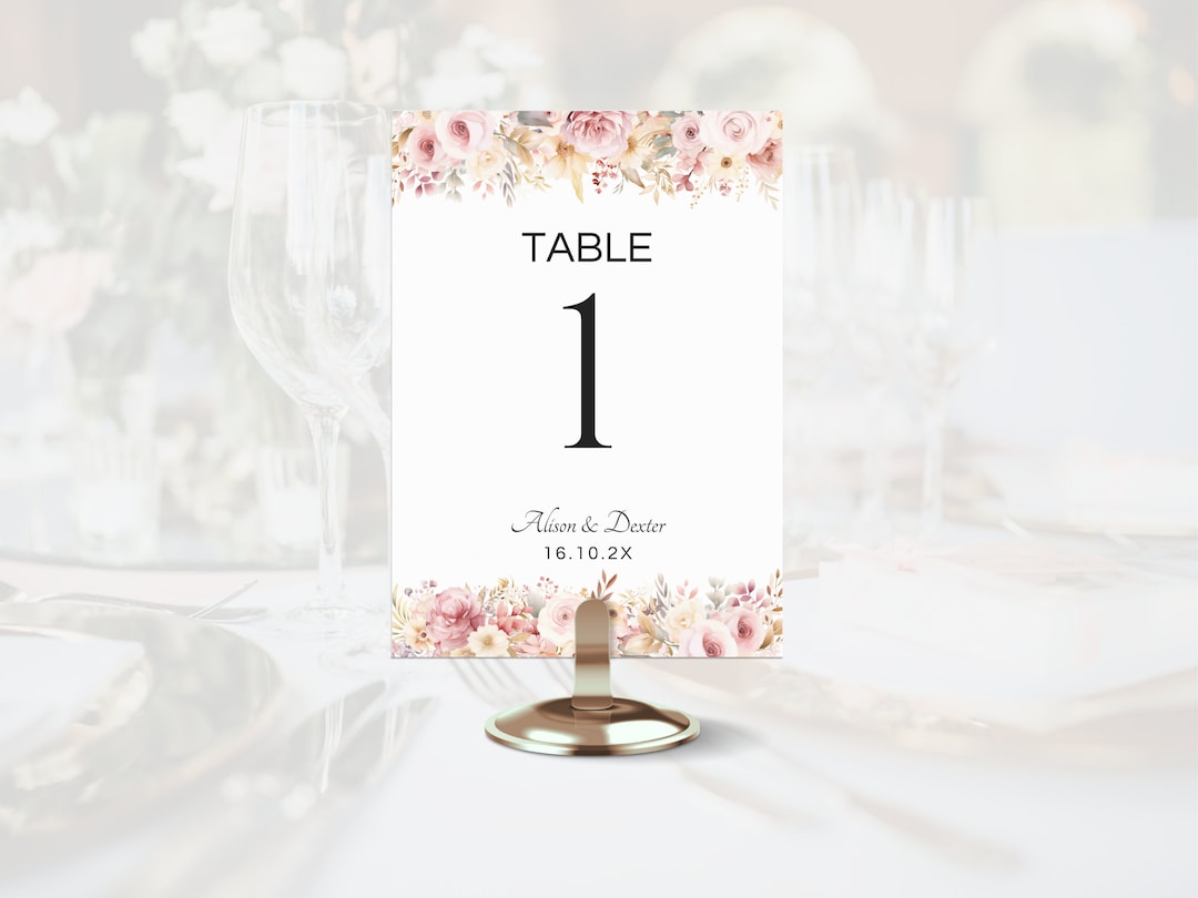 Blush Pink Wedding Table Number Template, Printable Pink Floral Wedding ...