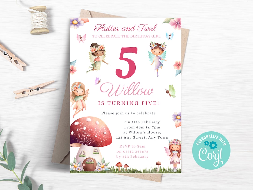 Editable Fairy 5th Birthday Invitation, Fairy Party Invite, Woodland ...