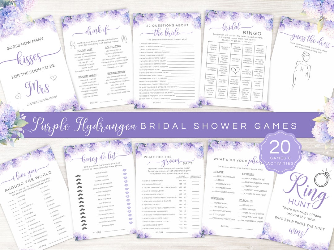 Purple Hydrangea Bridal Shower Game Bundle, Editable Lilac Floral Games ...