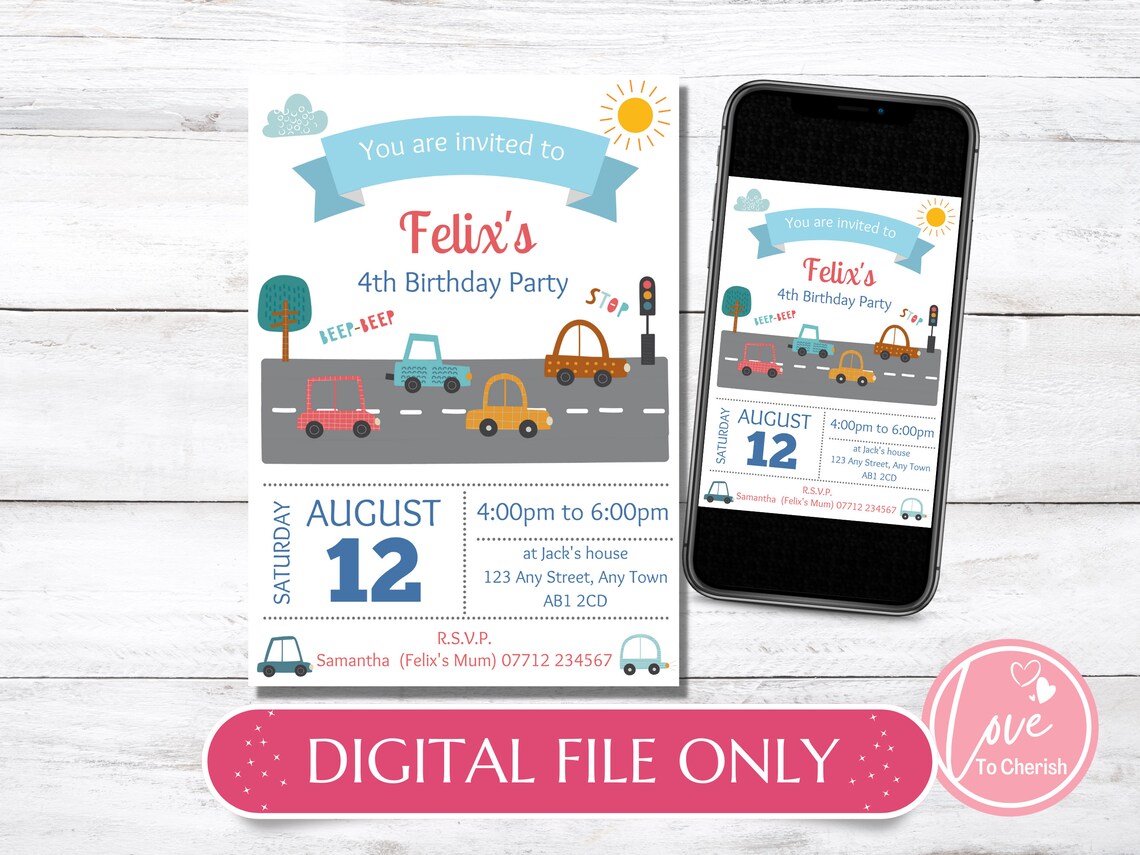 Vehicle Party Invitation, Personalised Printable Traffic Cars Invite ...