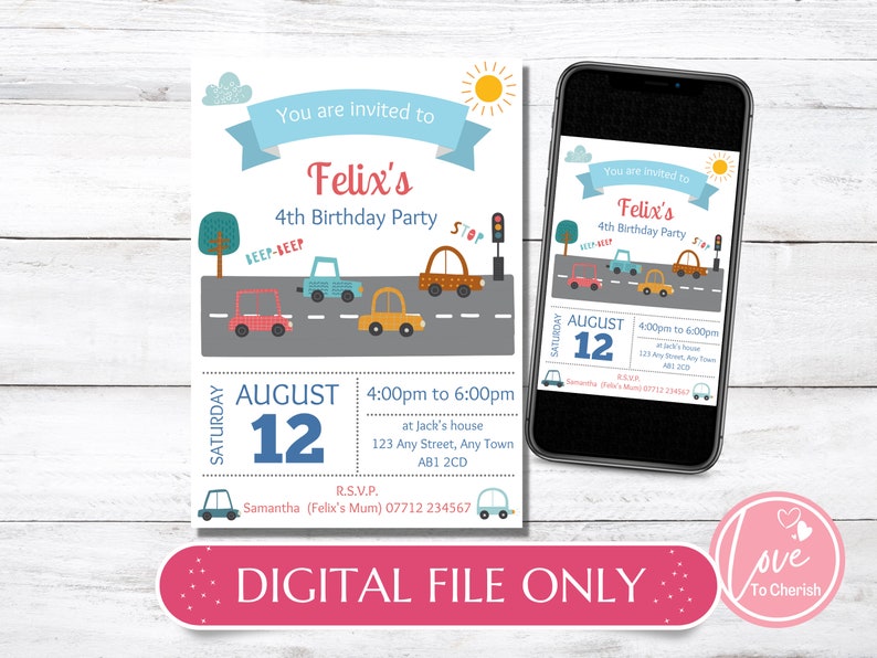Vehicle Party Invitation, Personalised Printable Traffic Cars Invite ...