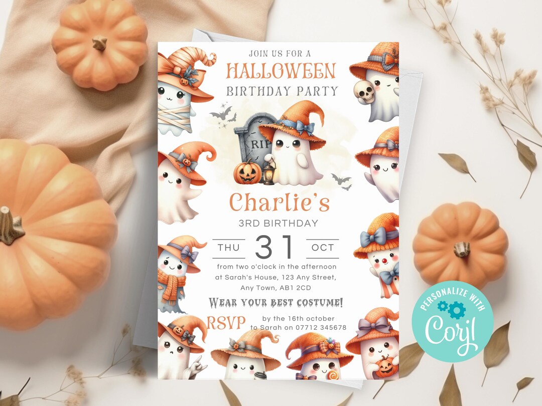 Editable Ghosts Halloween 3rd Birthday Party Invitation, Cute Costume ...