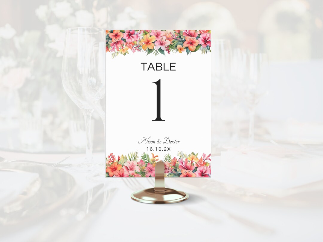 Tropical Wedding Table Number Template, Printable Bright Tropical Table ...