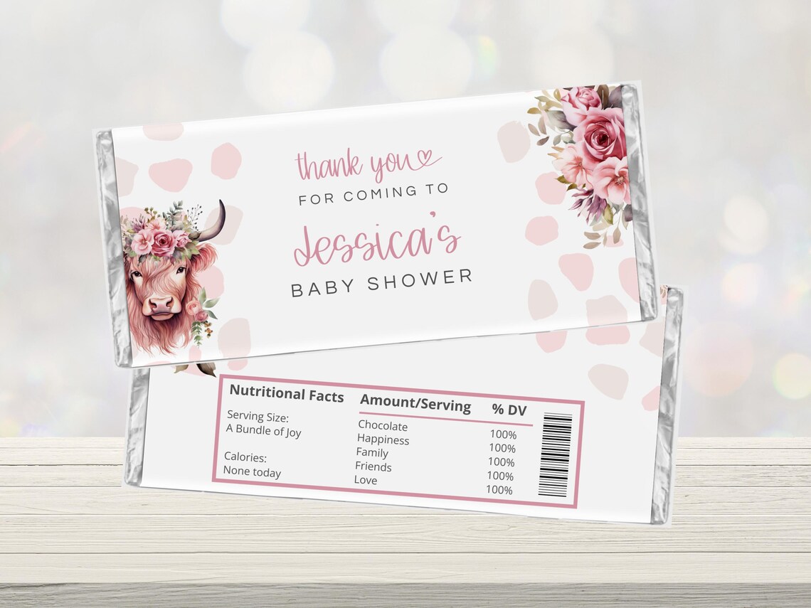 Holy Cow Candy Wrapper, Highland Cow Chocolate Label, Editable Pink ...