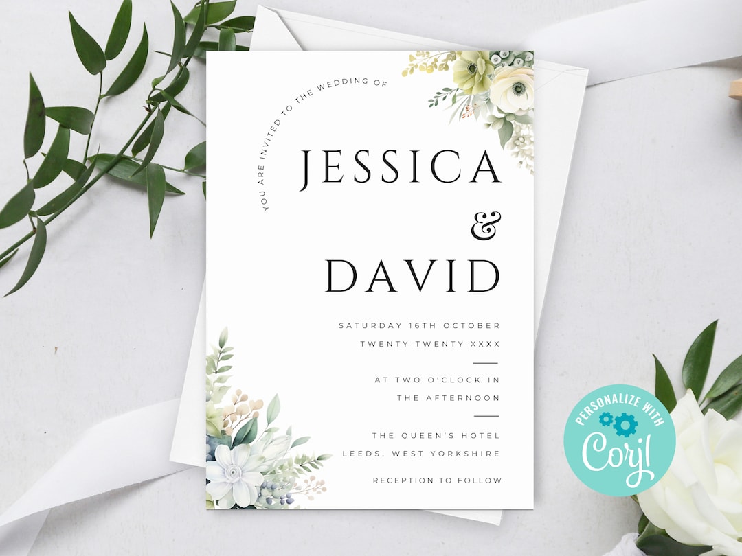 White Wedding Invitation Template, Printable White Floral Wedding ...