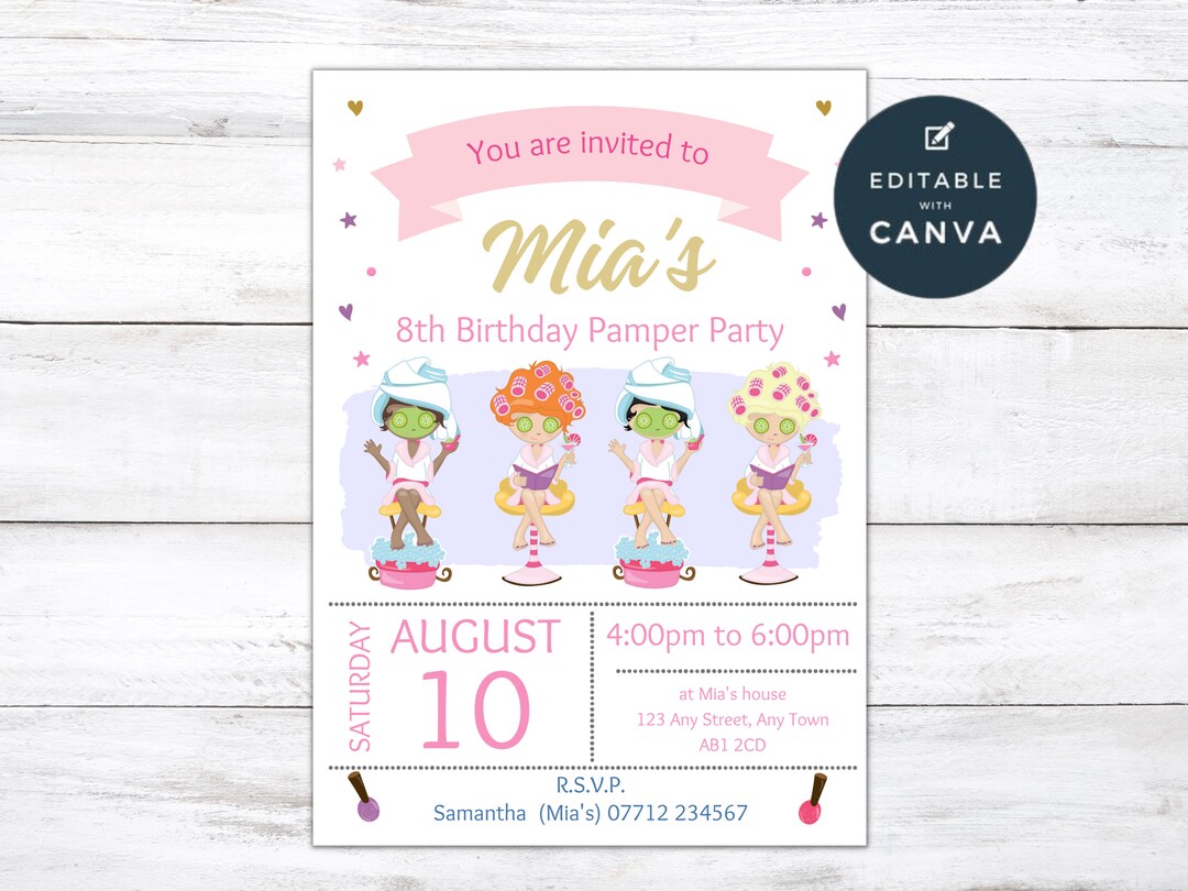 Spa Day Girls Birthday Editable Invitation, Girls Pamper Party ...