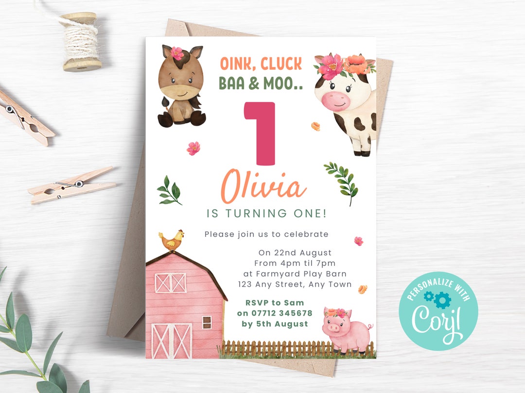 Barnyard 1st Birthday Invitation, Editable Pink Farm Party Invite, Barn ...