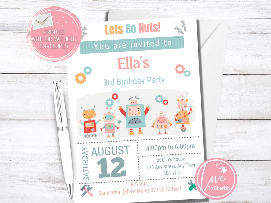Personalised Robot Girls Party Invitations, Robots Birthday Invites ...