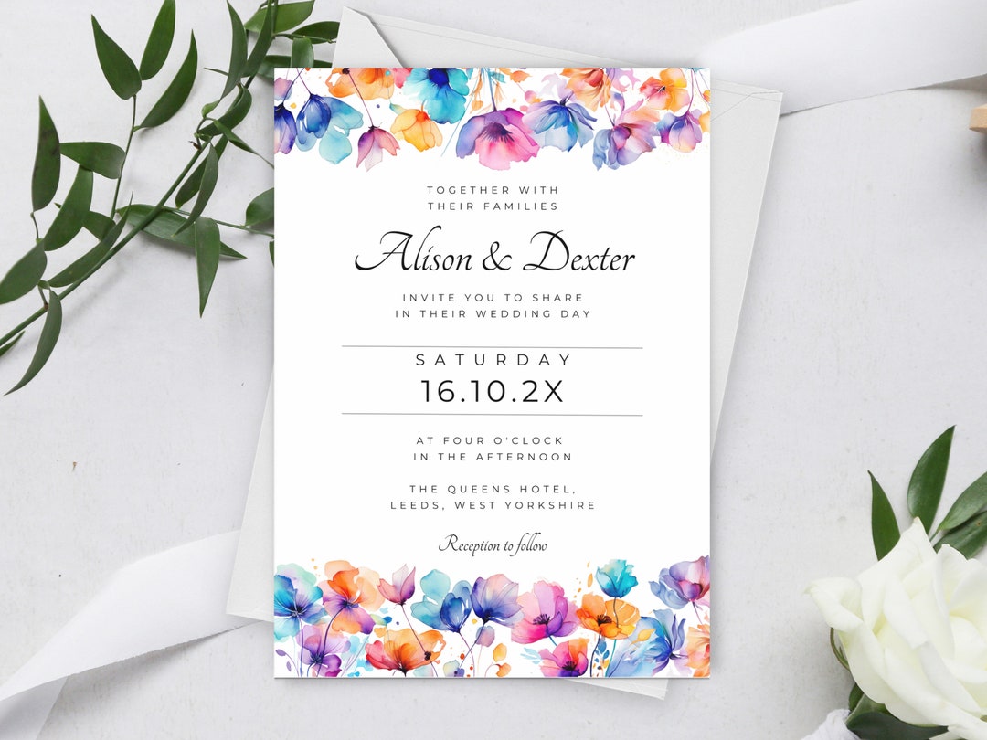 Bright Floral Wedding Invitation Template, Printable Colourful Flower ...