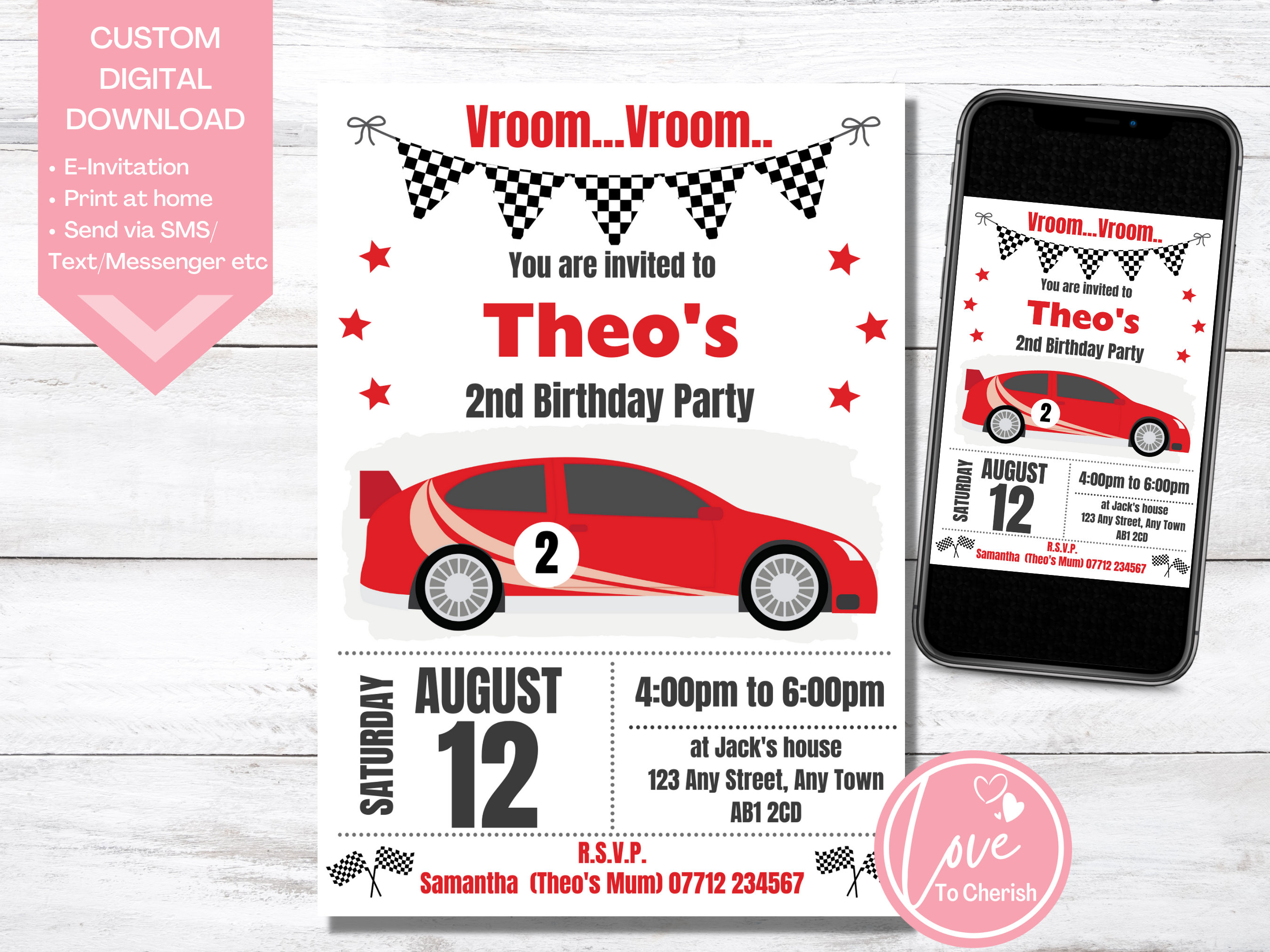 Racing Car Birthday Invitation Personalised Red Car Printable - Etsy