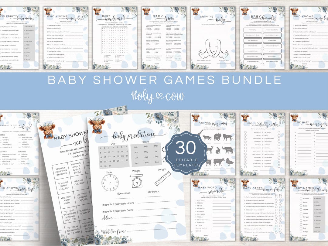 Highland Cow Baby Shower Games, Holy Cow Game Bundle, Editable Blue ...