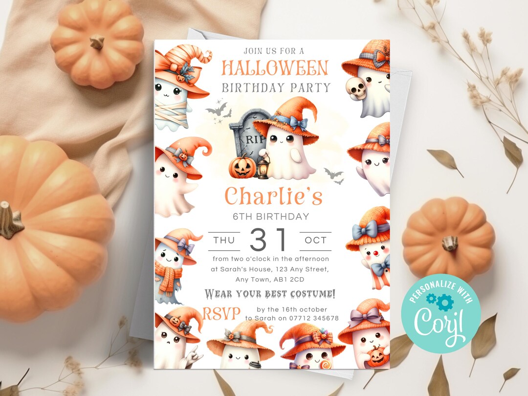 Editable Ghosts Halloween 6th Birthday Party Invitation, Cute Costume ...
