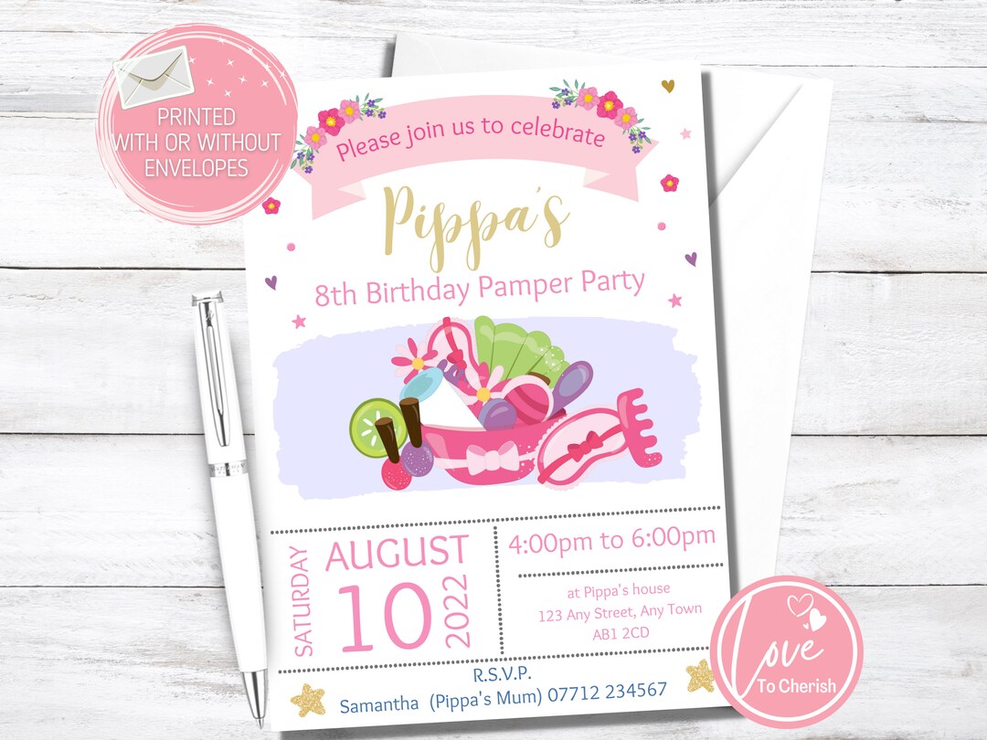 Personalised Pamper Party Invitations, Spa Day Party Invites, PRINTED ...