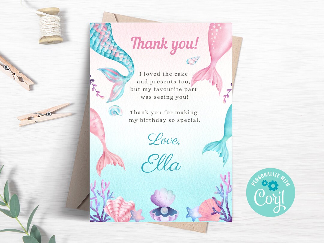 Mermaid Tails Birthday Thank You Note, Editable Under the Sea Mermaid ...
