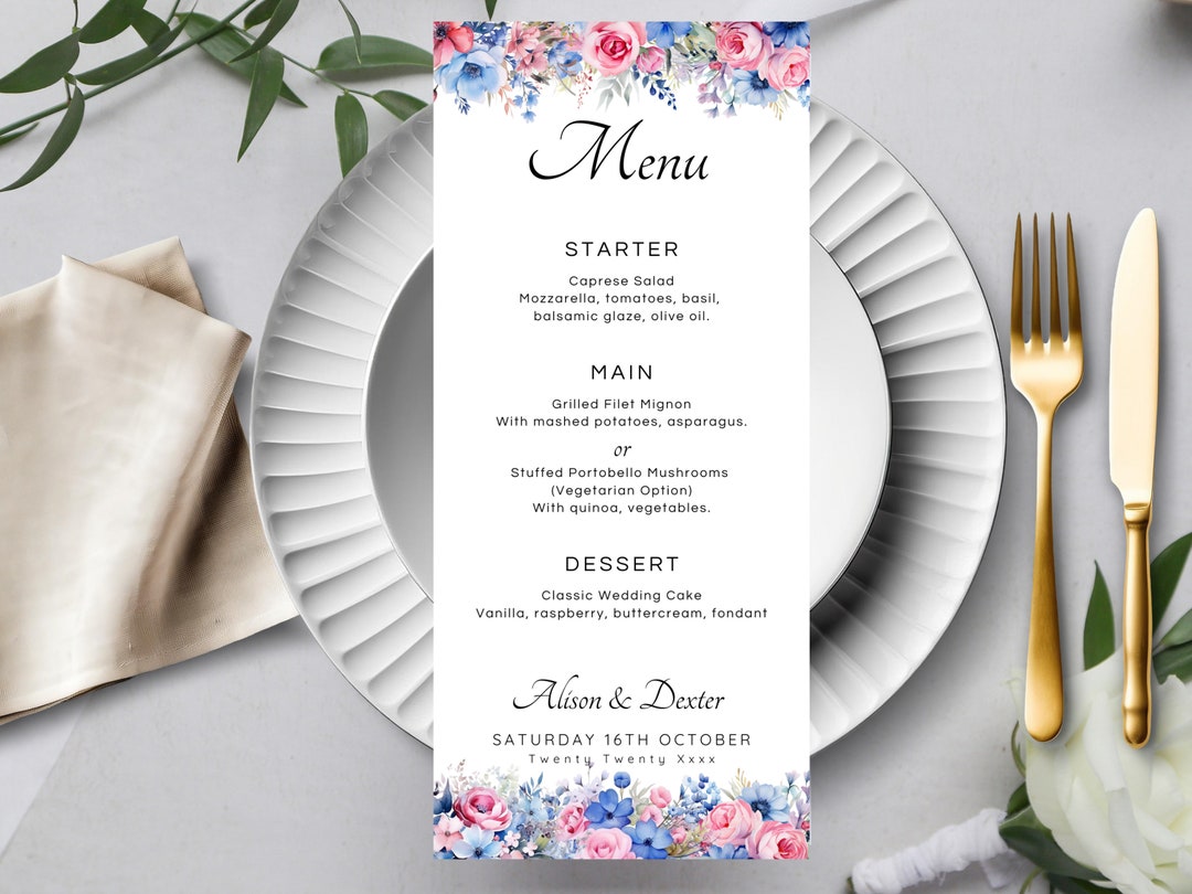 Pink & Blue Floral Wedding Menu Template, Printable Pink and Blue ...
