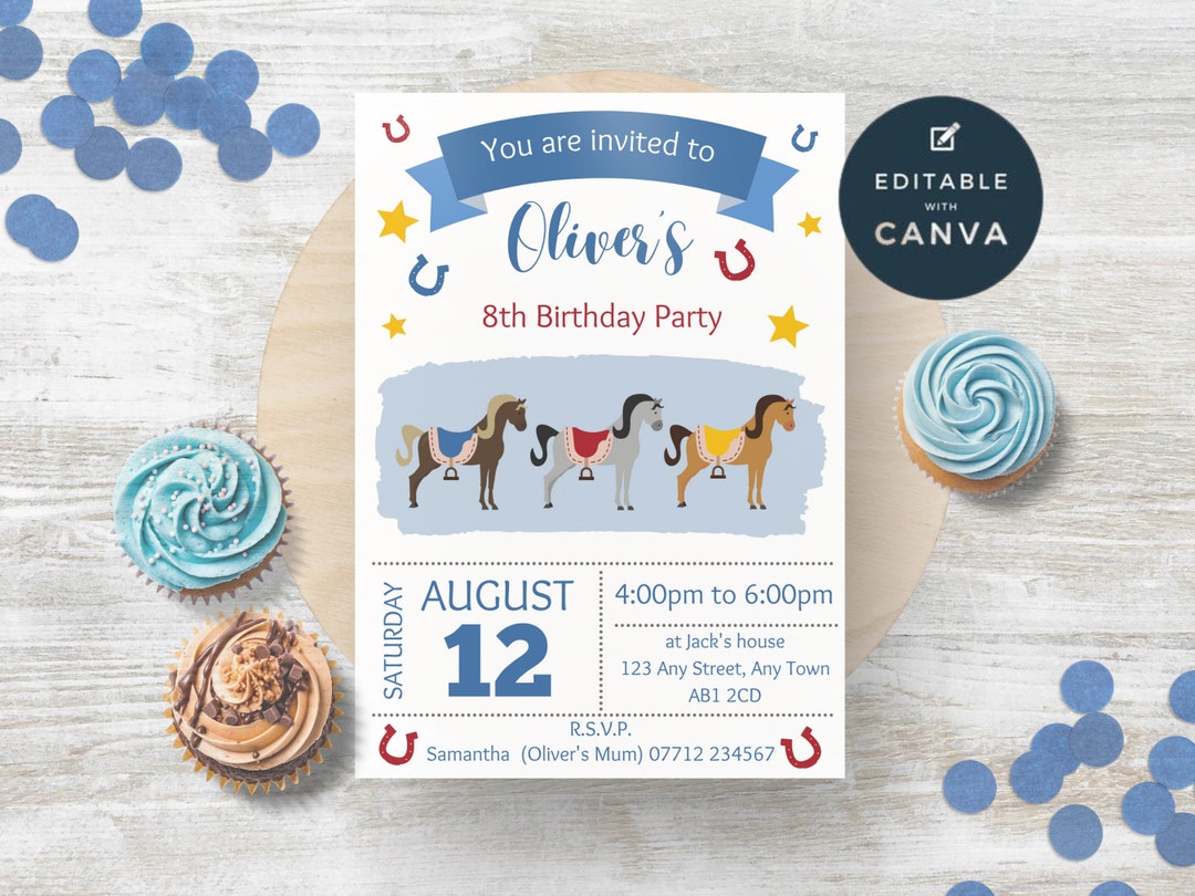 Horse Birthday Party Invitation for Boys, Horse Riding Party Editable ...
