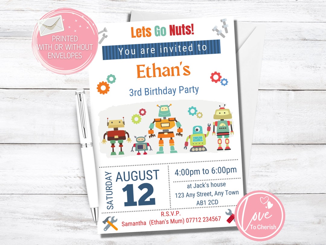 Robot Birthday Invitation, Robot Party Invite, Personalised Boys ...