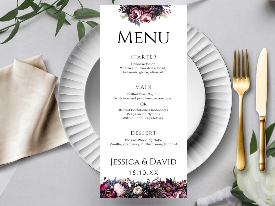 Moody Floral Wedding Menu Template, Printable Dark Flowers Dinner Menu ...