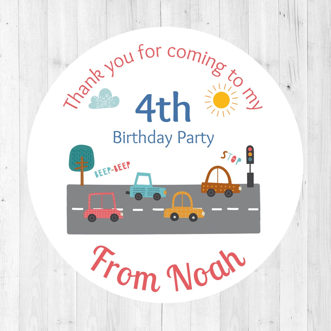 Vehicle Birthday Party Stickers, Traffic Cars Personalised Birthday ...