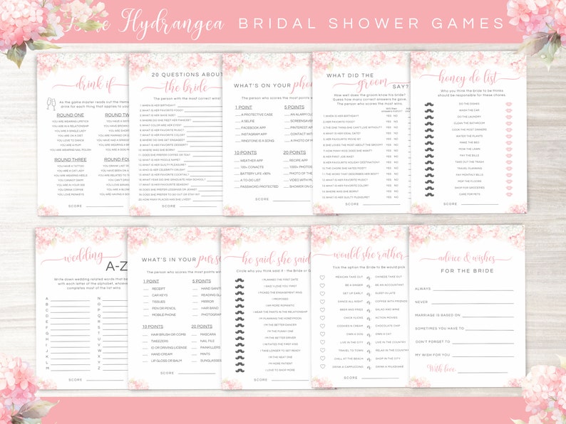 Pink Hydrangea Bridal Shower Game Bundle, Editable Dusty Floral Games ...