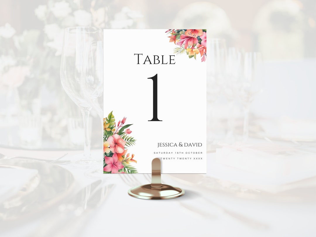 Tropical Wedding Table Number Template, Printable Bright Tropical Table ...