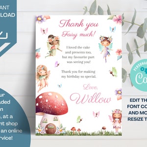 Editable Fairy Thank You Card, Fairy Birthday Party Thanks Note ...