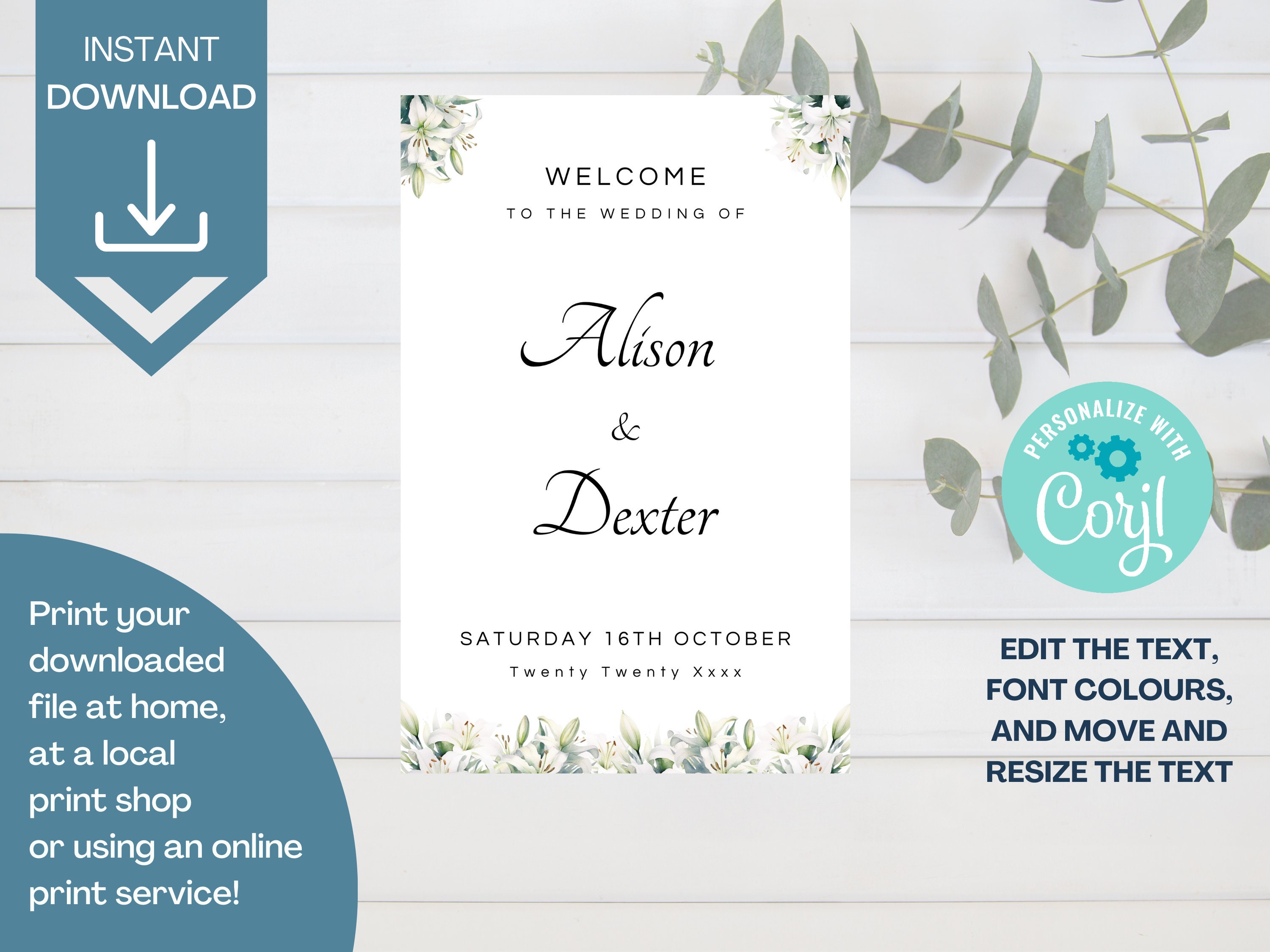 White Lily Wedding Welcome Sign Template, Printable White Lilies ...