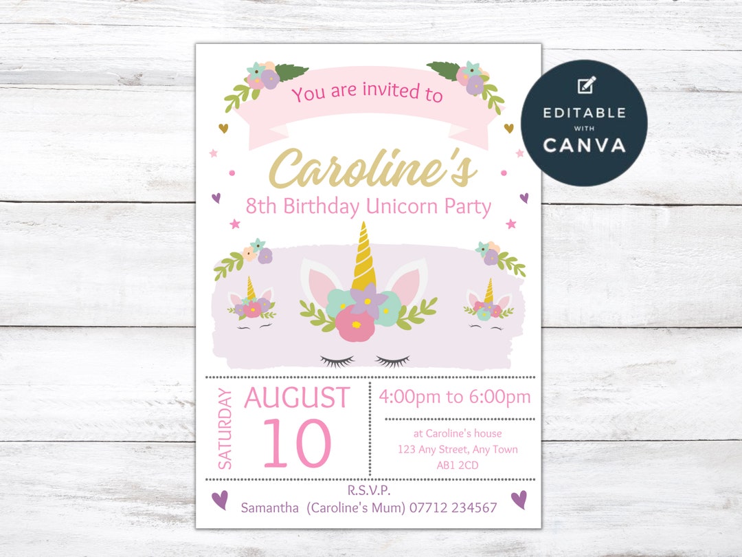 Unicorns Birthday Invitation for Girls, Unicorn Party Editable Invite, Unicorn Theme Party Evite ...