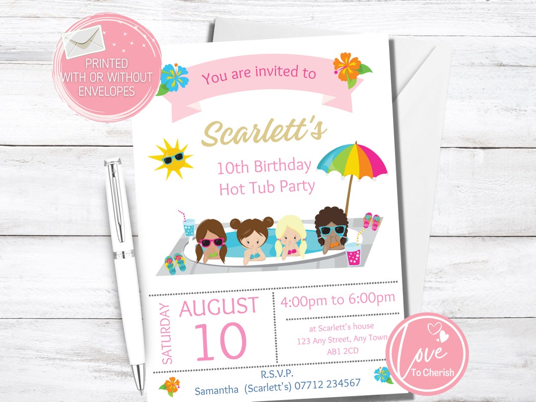 Personalised Hot Tub Girls Party Invitations, Pool Party Birthday ...