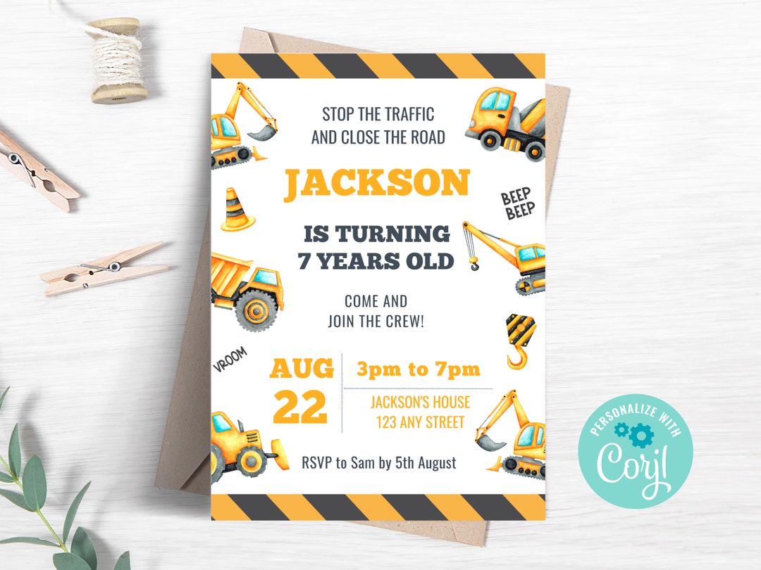 Construction 7th Birthday Party Invitation, Yellow Dump Truck Invite ...