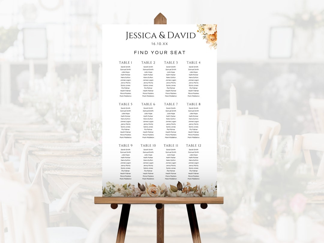 Rustic Wedding Seating Chart Template, Printable Brown & Cream Floral ...