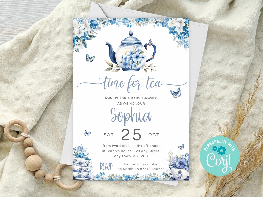 Time for Tea Baby Shower Invitation, Blue Floral Afternoon Tea Party ...