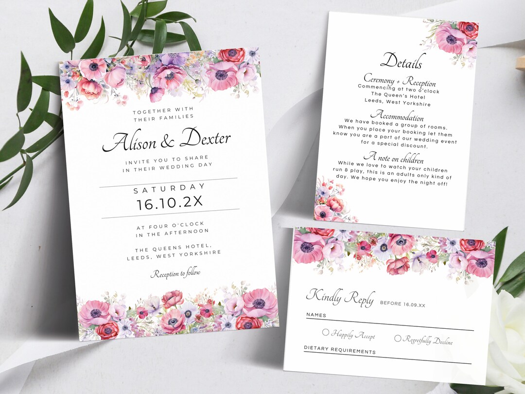 Pink Poppies Wedding Invitation Template, Printable Purple Poppy ...