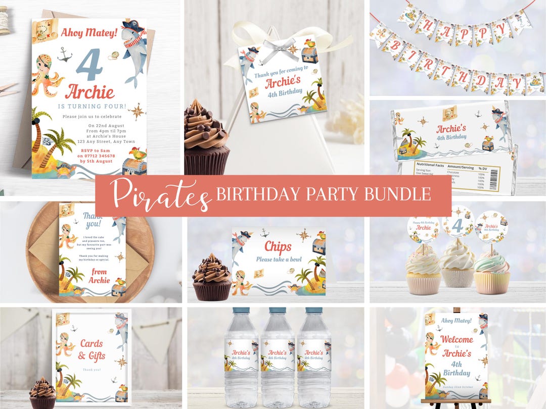 Pirates Birthday Invitation Bundle, Pirate Party Decorations, Editable ...